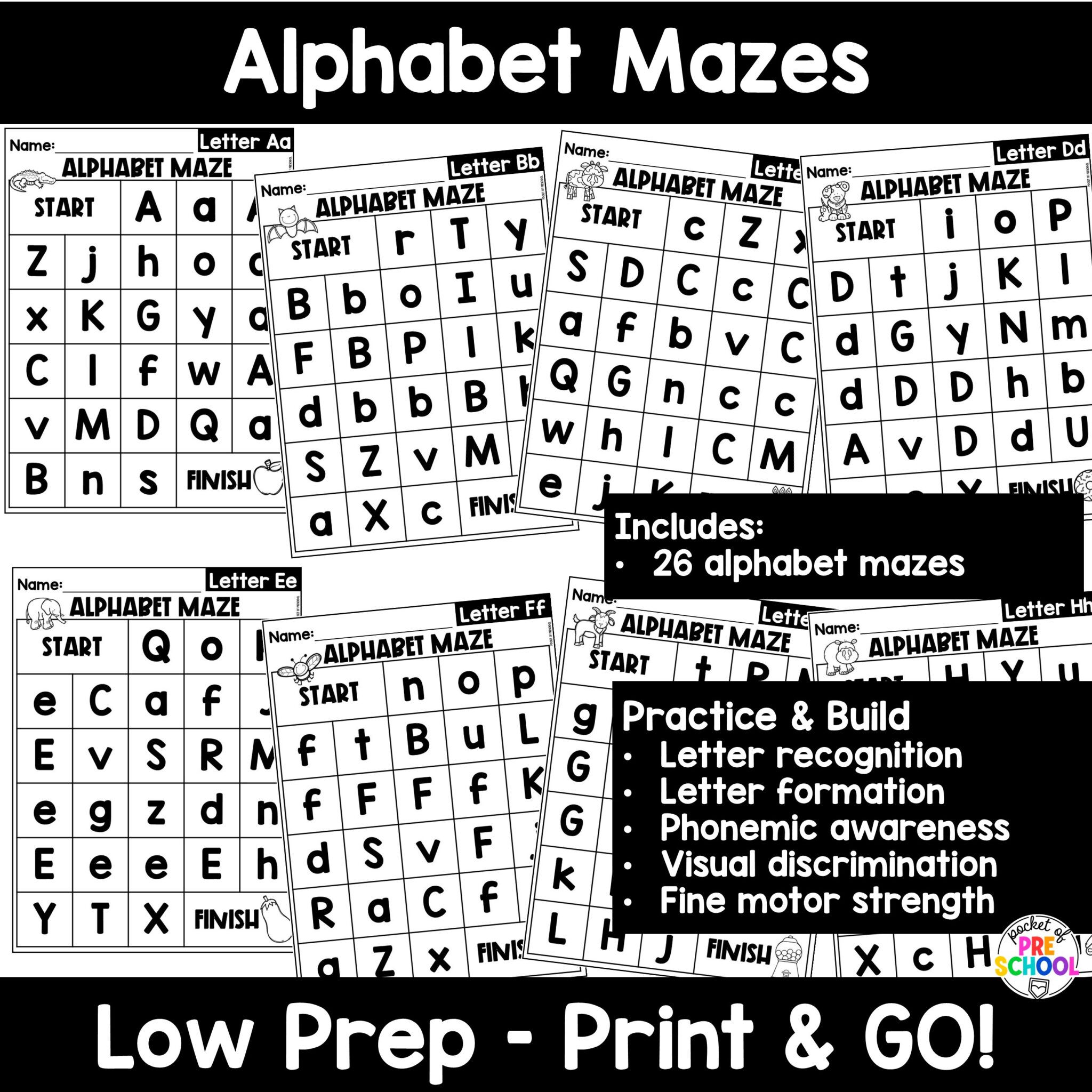 Alphabet Maze Worksheets - Letter Recognition Practice Pages - Pocket ...