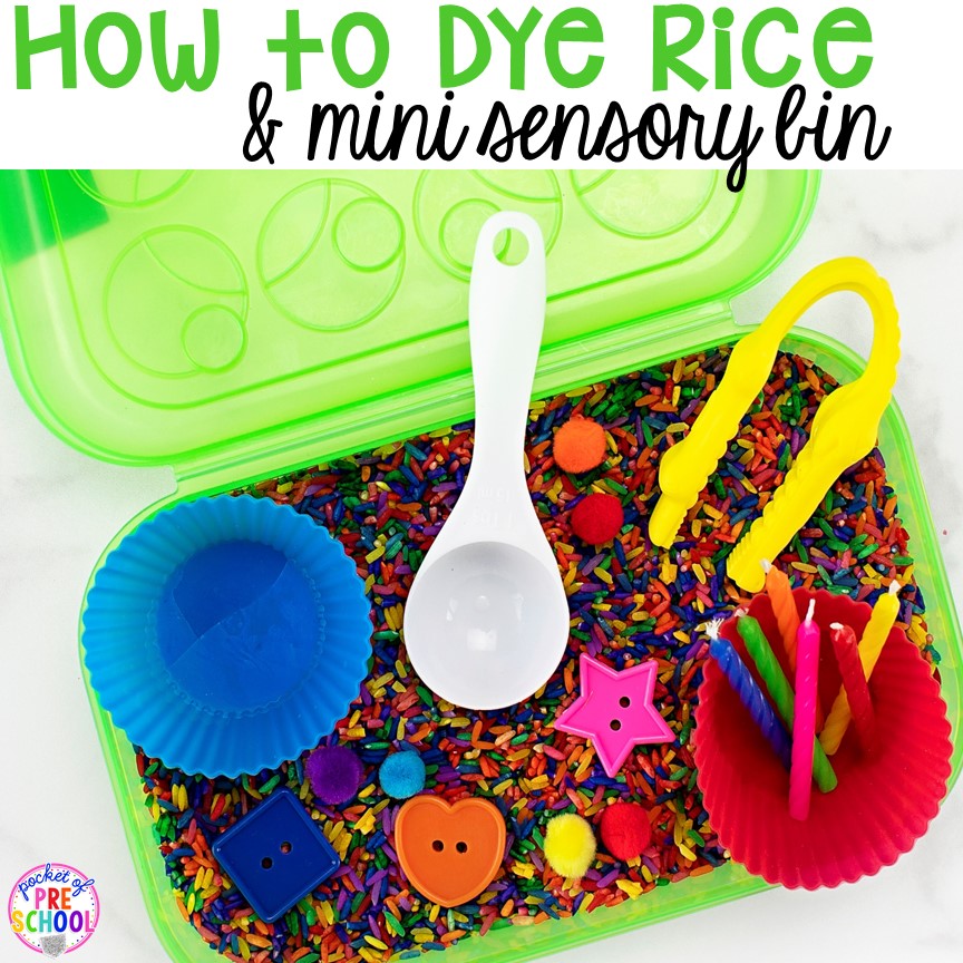 How to dye rice for sesnory plan and make mini sensory bins with pencil ...